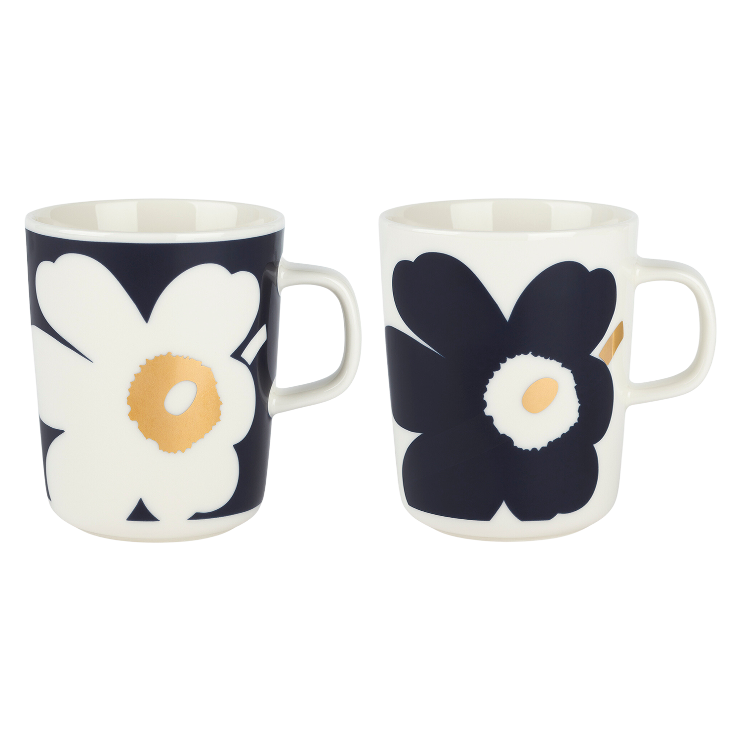Marimekko Unikko Mug (Set of 2), gold/dark blue/white – Touch of Finland